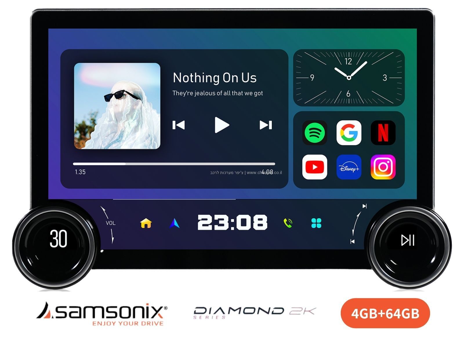 מערכת מולטימדיה לרכב Samsonix Diamond | זיכרון 4+64 | מסך 10.36 אינץ ...
